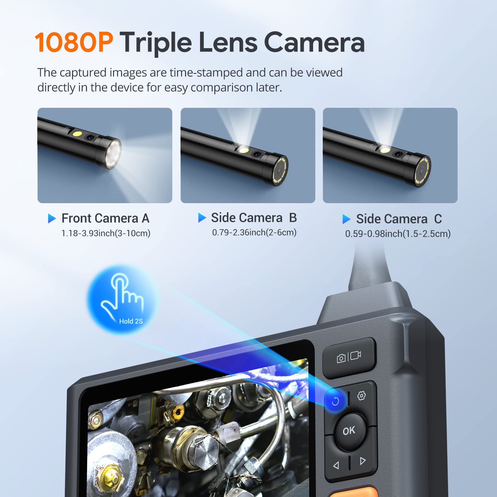 DEPSTECH Triple Lens Borescope Inspection Camera, 5"IPS Screen Endoscope Camera with Lights,1080P Sewer Camera and 180°Flip Button, 16.5ft IP67 Cable, Ease of Use, Tool for Wall, Automotive, Plumbing