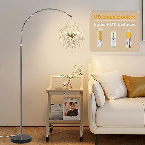 Crystal Arc Floor Lamps for Living Room, Modern Floor Lamp with Marble Base, Adjustable Height Standing Lamp, Mid Century Tall Lamp for Girls Room, Over Couch Arched Reading Light for Bedroom, Office