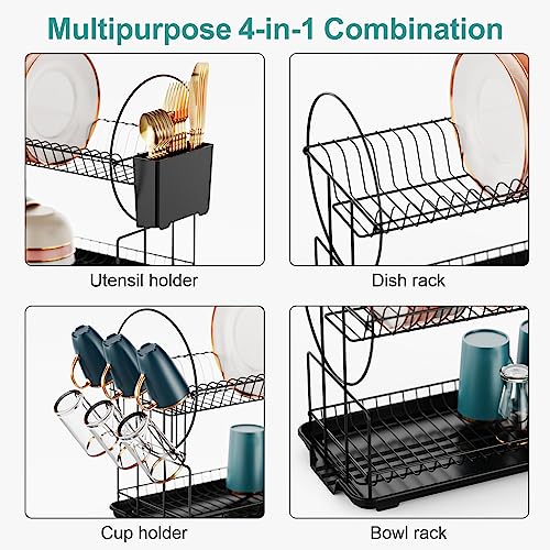 iSPECLE Dish Drying Rack - 2 Tier Small Dish Racks for Kitchen Counter with Glass Holder, Utensil Holder and Drainboard, Small Dish Dryer Rack, Multifunctional Dish Drainer, Black