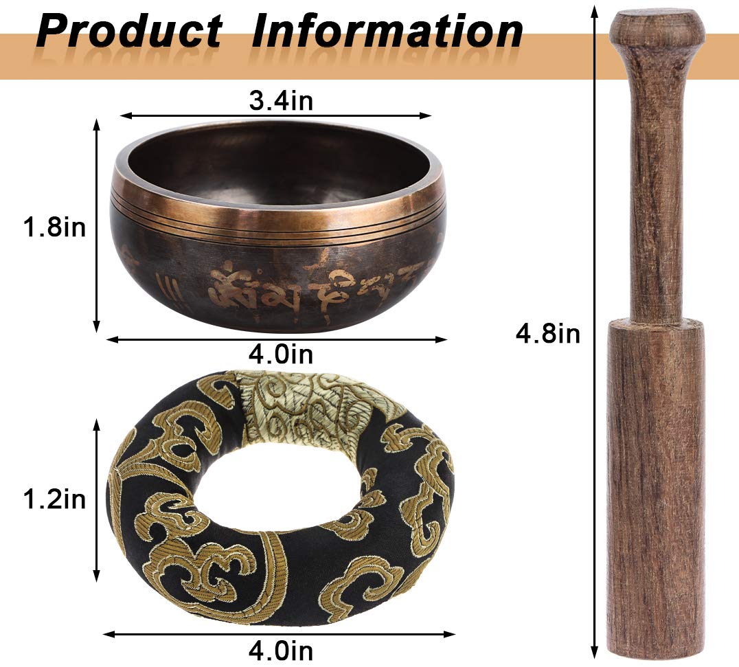 Omigga 3 Pcs 4 inch Tibetan Singing Bowl Set Nepal Antique Bronze Mantra Carving Hand Hammered Handcrafted Singing Bowl for Healing, Peace, Meditation, Stress Relief