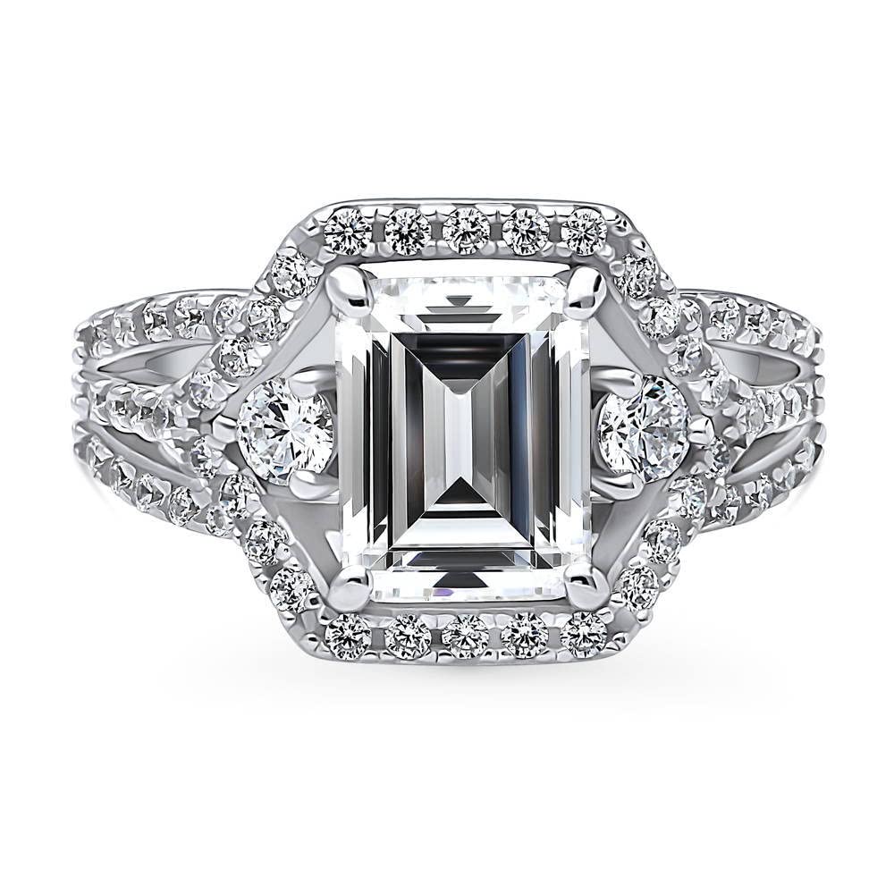 BERRICLE Sterling Silver 3-Stone Emerald Cut Cubic Zirconia CZ Statement Art Deco Cocktail Fashion Split Shank Ring for Women, Rhodium Plated Size 9