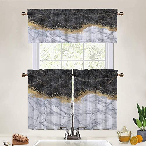 Marbre 3 Pieces Kitchen Valance Window Curtain Set Rod Pocket Marble Gold White Black Geometric Rose Stone Abstract Modern Vintage White Golden Tier Curtains for Living Room Bathroom