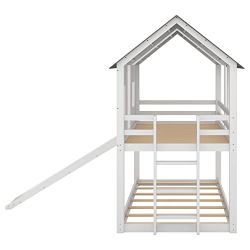 DEYOBED Twin Over Twin House Bunk Bed with Slide and Windows, Wood Low Bunk Beds Frame with Guardrails for Kids Teen, Girls, Boys, White
