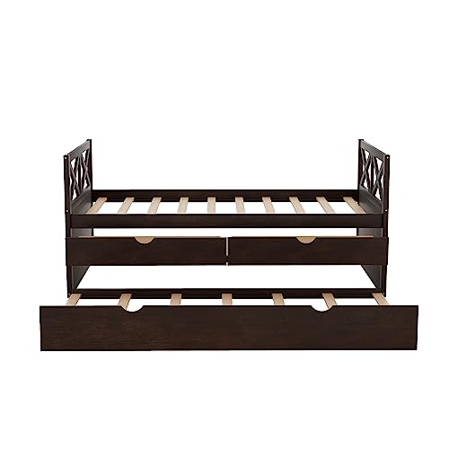 DEYOBED Twin Size Daybed with Storage Drawers and Trundle, Wood Twin Captains Bed Frame for Bedroom and Living Room, Espresso