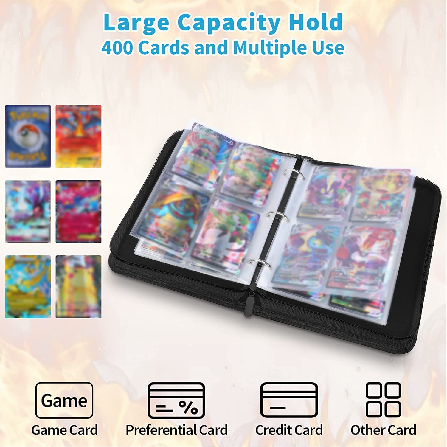 Card Binder 400 Cards Capacity with 50 Removable Sleeves, Collector Trading Card Binder 4-Pocket Storage Holder Album Book Portable Carrying Case for TCG