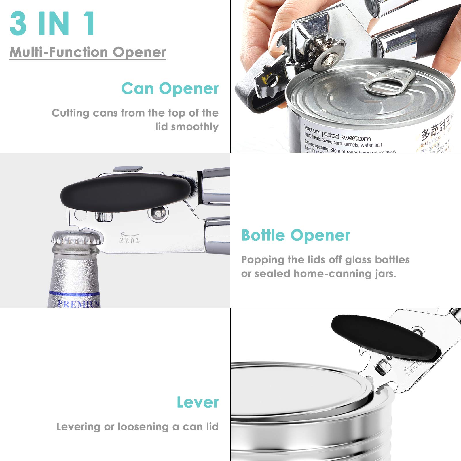 Can Opener, Kitchen Aid Can Opener Manual Smooth Edge Food Safety Cut 3-in-1 Can Openers Bottle, Can Opener Handheld with Bottle Opener, Easy to Use