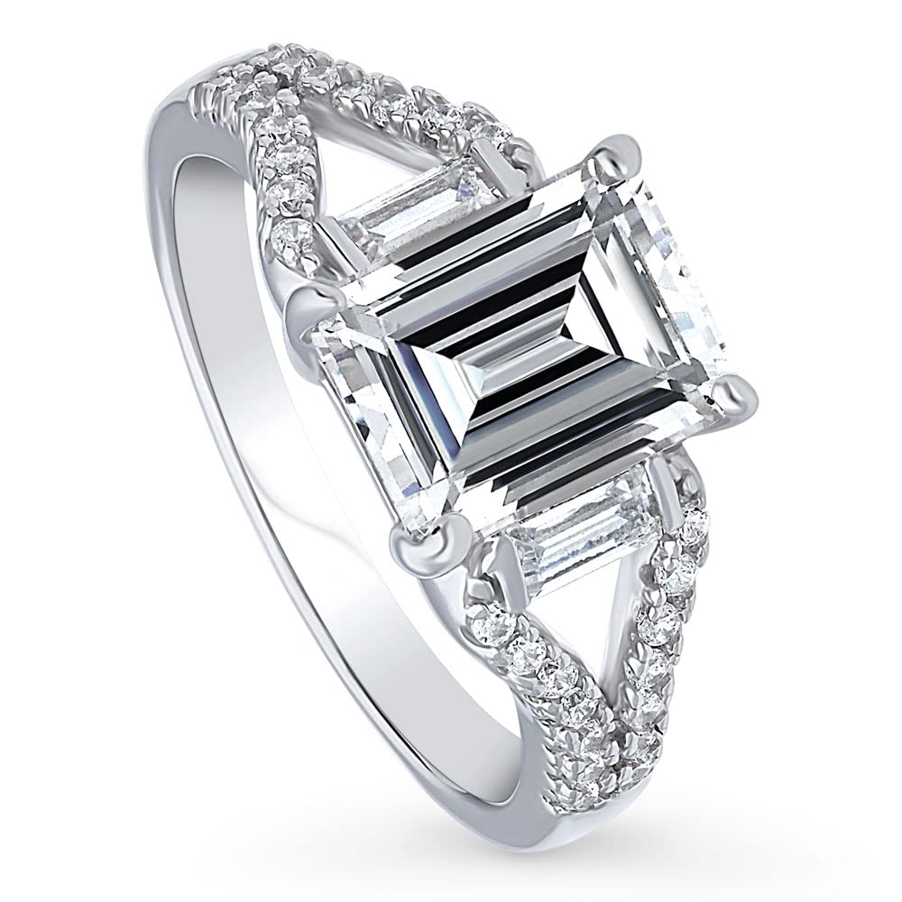 BERRICLE Sterling Silver Solitaire Wedding Engagement Rings 2.6 Carat Step Emerald Cut Cubic Zirconia CZ Split Shank Ring for Women, Rhodium Plated Size 5