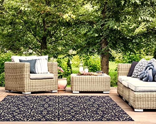 Gertmenian Indoor Outdoor Classic Flatweave Area Rug, Stain & UV Resistant Carpet, Deck, Patio, Poolside & Mudroom, 8x10 Ft Large, Floral Medallion, Navy Blue, 21571