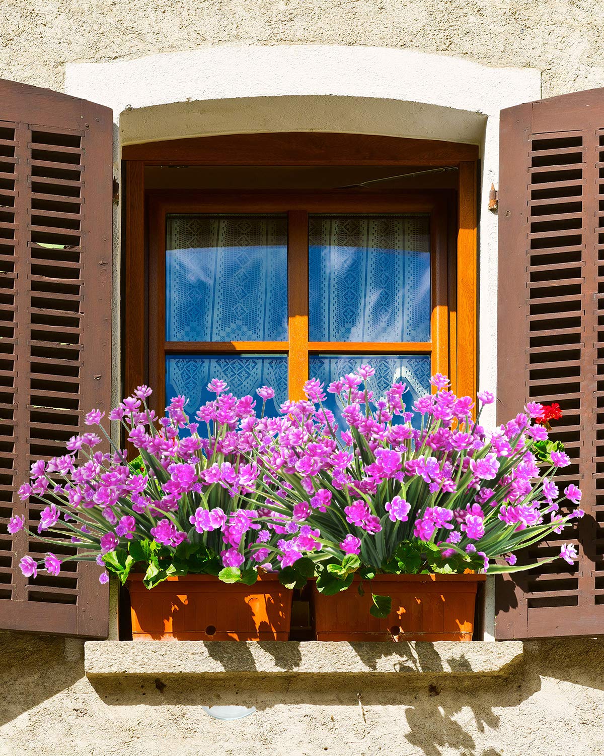 Omldggr 5 Bundles Artificial Flowers Outdoor, Plastic Flowers Faux Greenery Shrubs Plants for Hanging Planter Home Wedding Garden Decor(Purple RED)