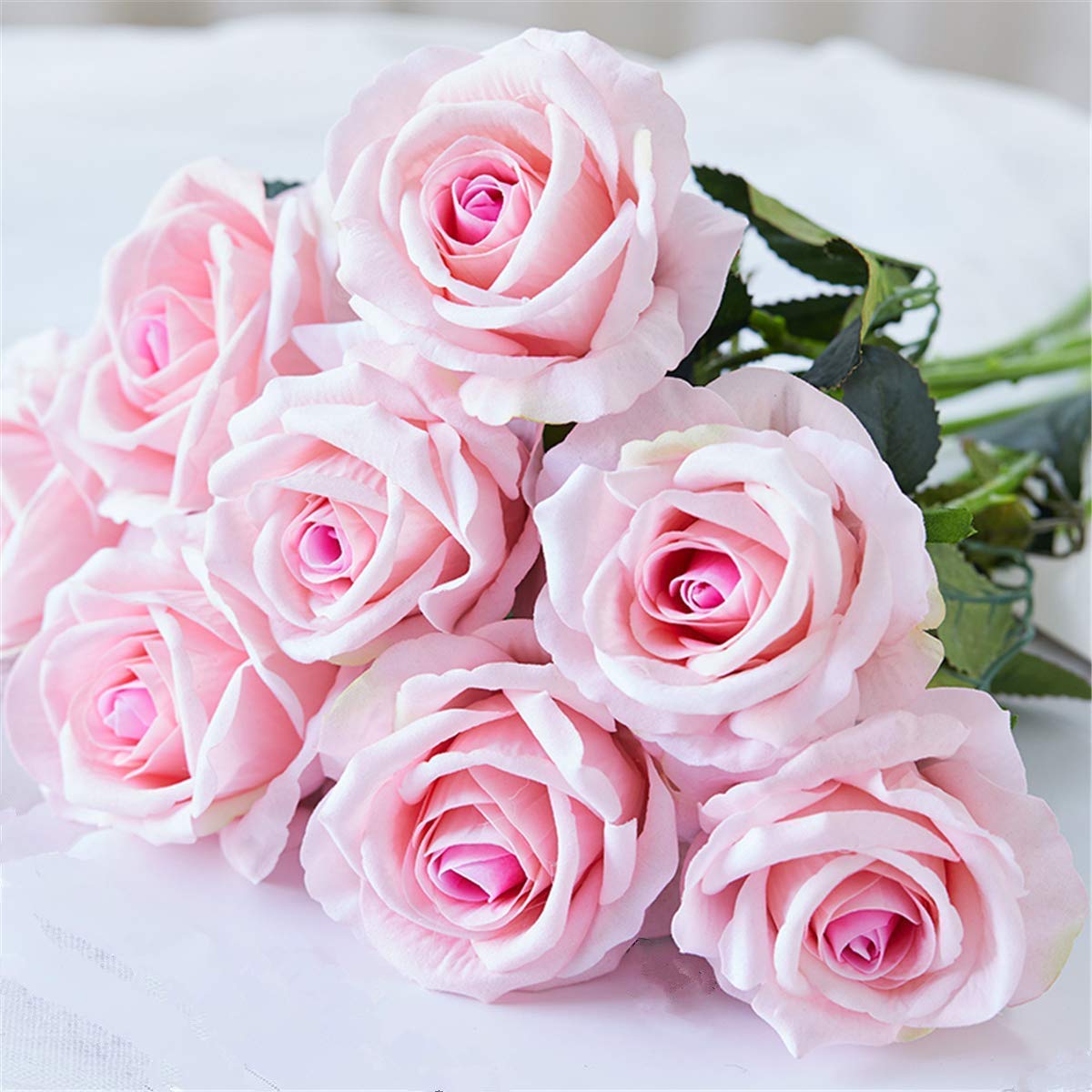 Louiesya Artificial Flowers Bouquet Silk Roses 6 Pcs Fake Flowers Real Touch Bridal Wedding Bouquet for Home Garden Party Floral Decor（Light Pink）