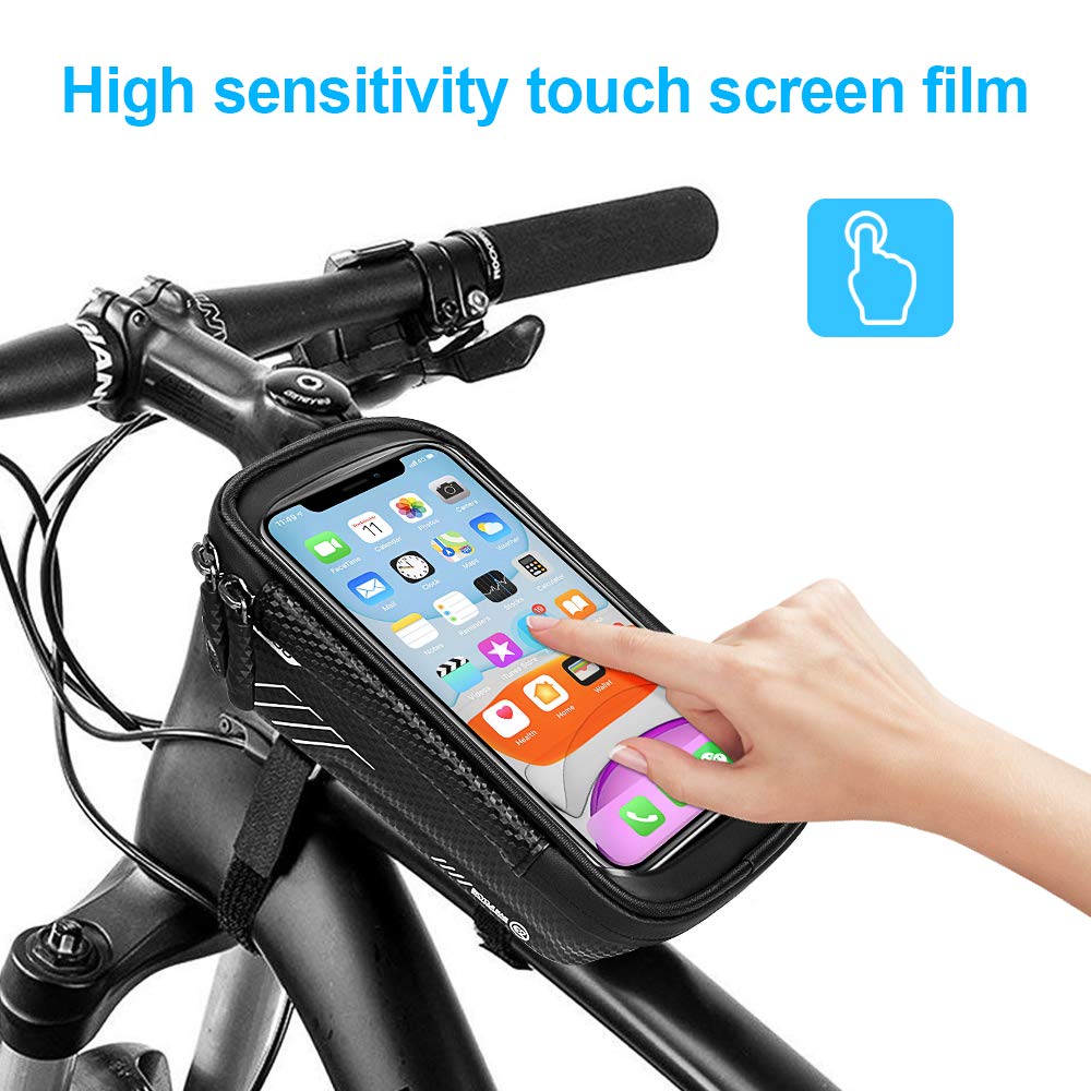 Bike Phone Front Frame Bag - Waterproof Bicycle Top Tube Cycling Phone Mount Pack with Touch Screen Sun Visor Large Capacity Phone Case for Cellphone Below 6.5’’ iPhone 7 8 Plus xs max