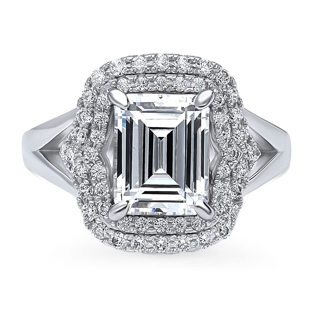 BERRICLE Sterling Silver Halo Wedding Engagement Rings Step Emerald Cut Cubic Zirconia CZ Statement Cocktail Split Shank Ring for Women, Rhodium Plated Size 8