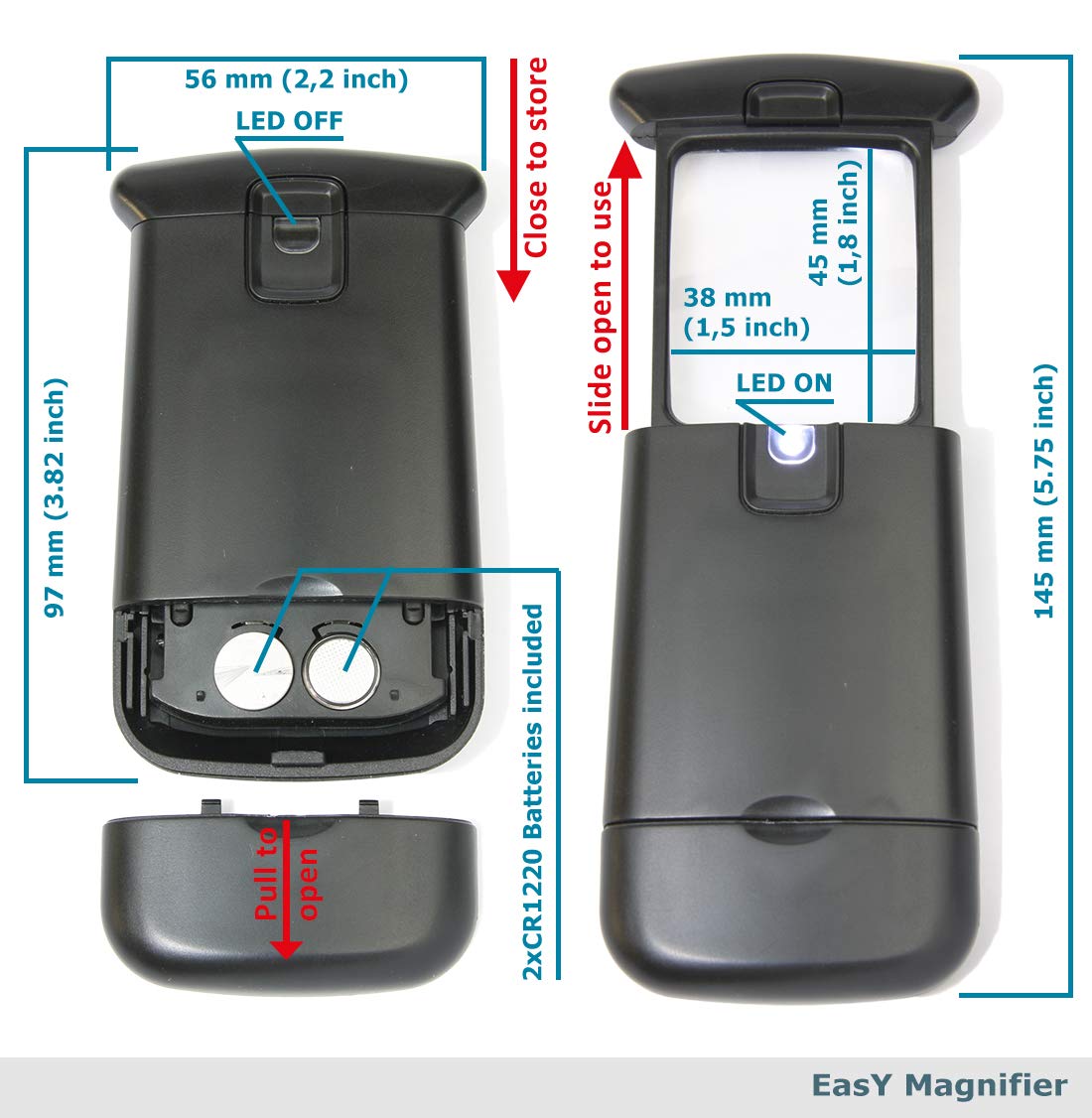 EasY Magnifier Small Pocket Magnifying Glass 3X with LED Light for Reading; Lighted Hand Held Coin Loupe; Mini Magnify Lens; Gifts for Seniors