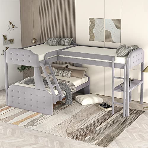 Demofit Bunk Bed and Twin Size Loft Bed and Desk, L-Shaped Twin Over Full Size Bed Frame with Ladder nd Full-Length Guardrail for Bedroom,No Boxspring Required (Grey)