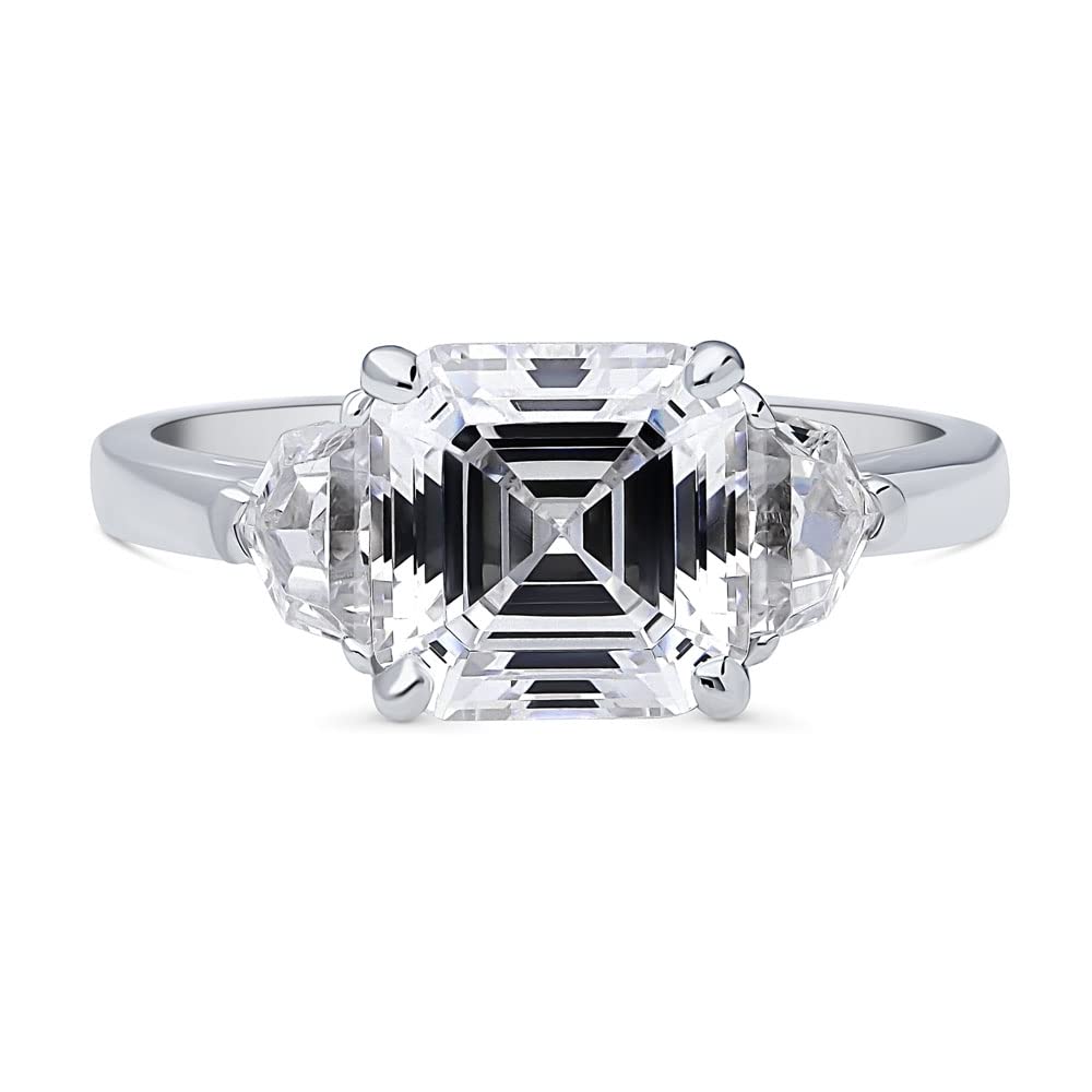 BERRICLE Sterling Silver 3-Stone Wedding Engagement Rings Asscher Cut Cubic Zirconia CZ Ring for Women, Rhodium Plated Size 8