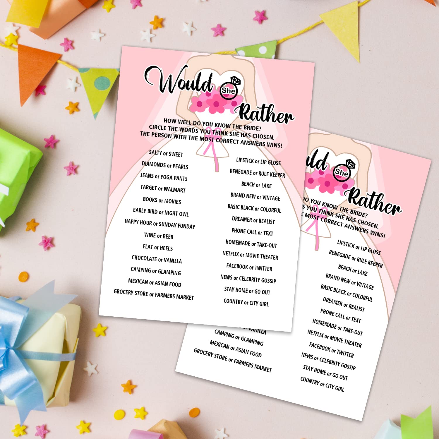 Bridal Shower Game Cards, Would She Rather Game,Wedding Party Games, Bridal Shower Decorations, Gift – 20 Cards per Set- Fun, Unique and Easy to Play