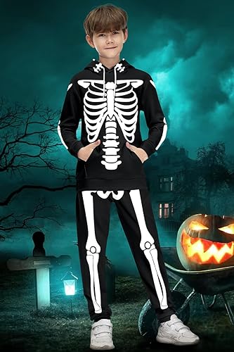 Girls Halloween Costume Bone Skeleton Skull Sweatshirt Hoodie Pant Set for Boys 9-10 Years