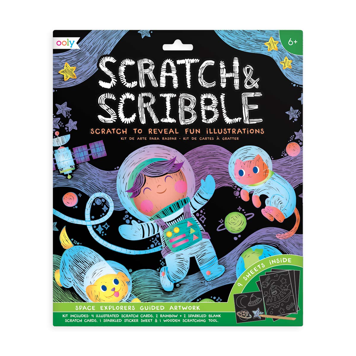Ooly, Scratch and Scribble, Art Kit for Kids, Space Explorers, Children's Guided Artwork - 10 Piece Set