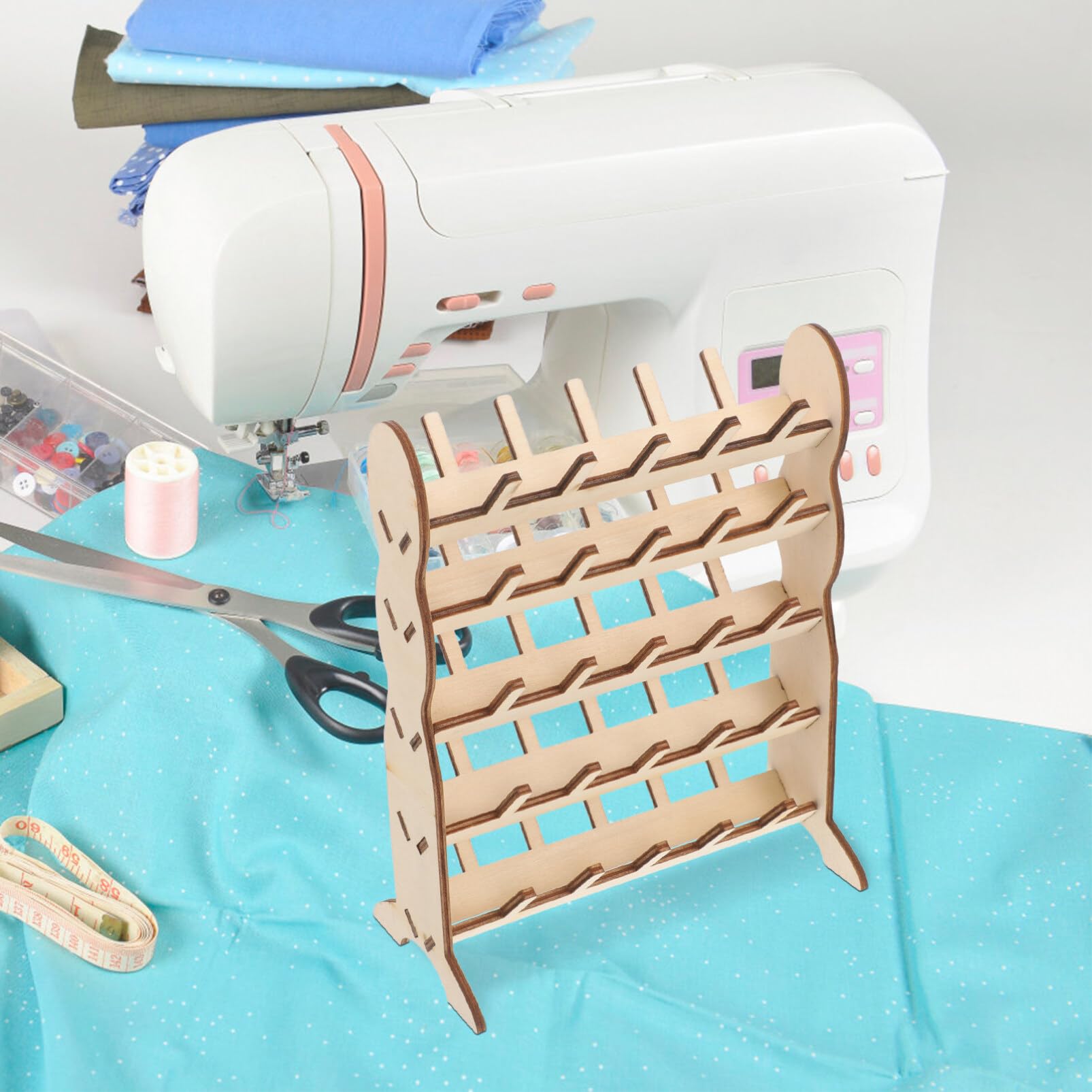 EXCEART Spools Wooden Thread Rack Thread Holder Organizer Wall-Mounted with Hanging Hooks for Embroidery Quilting and Sewing Threads