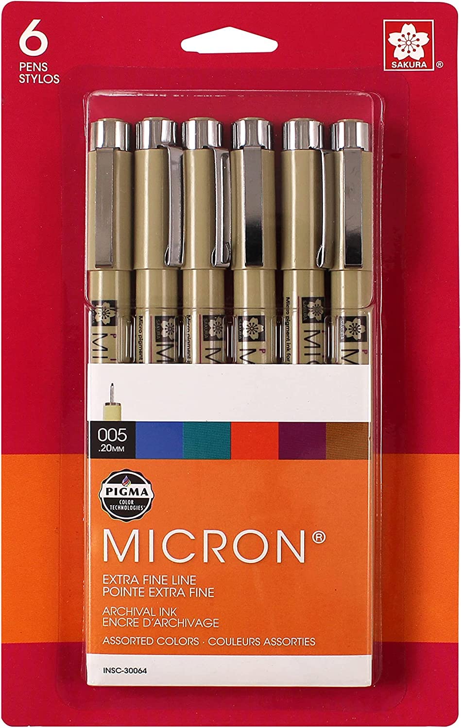 SAKURA Pigma 30064 Micron Blister Card Ink Pen Set, Colors may vary, 2-mm
