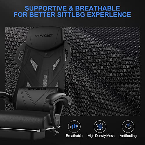 GTRACING Gaming Chair, Computer Chair with Mesh Back, Ergonomic Gaming Chair with Footrest, Reclining Gamer Chair with Adjustable Headrest and Lumbar Support for Gaming and Office, Black