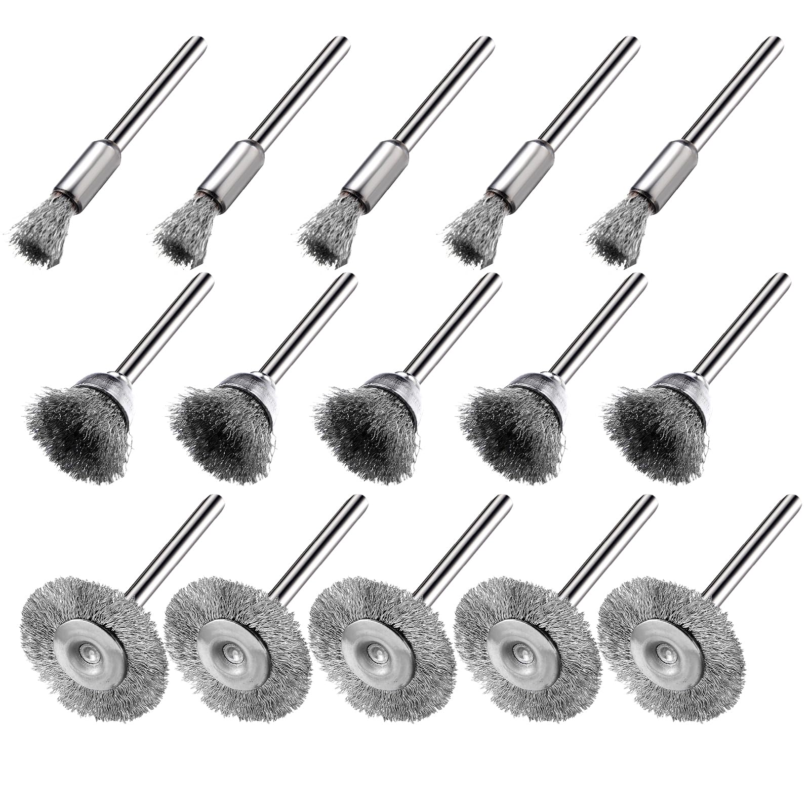 EASYIKI 15 Pieces Stainless Steel Wire Brushes, Wire Brush Wheel, Steel Wire Polishing Wheel Kits for Dremel Rotary Tools (1/8 Inch Mandrel)
