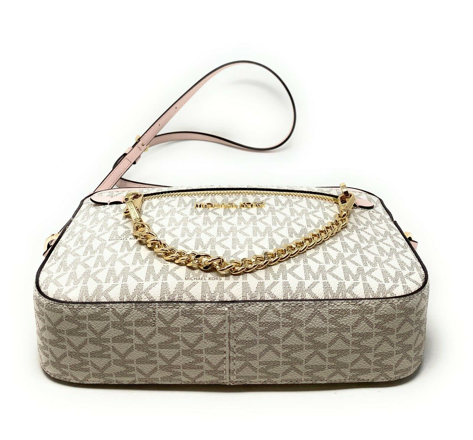 Michael Kors Jet Set Saffiano Leather Crossbody Bag (Vanilla Sig Powder Blush)