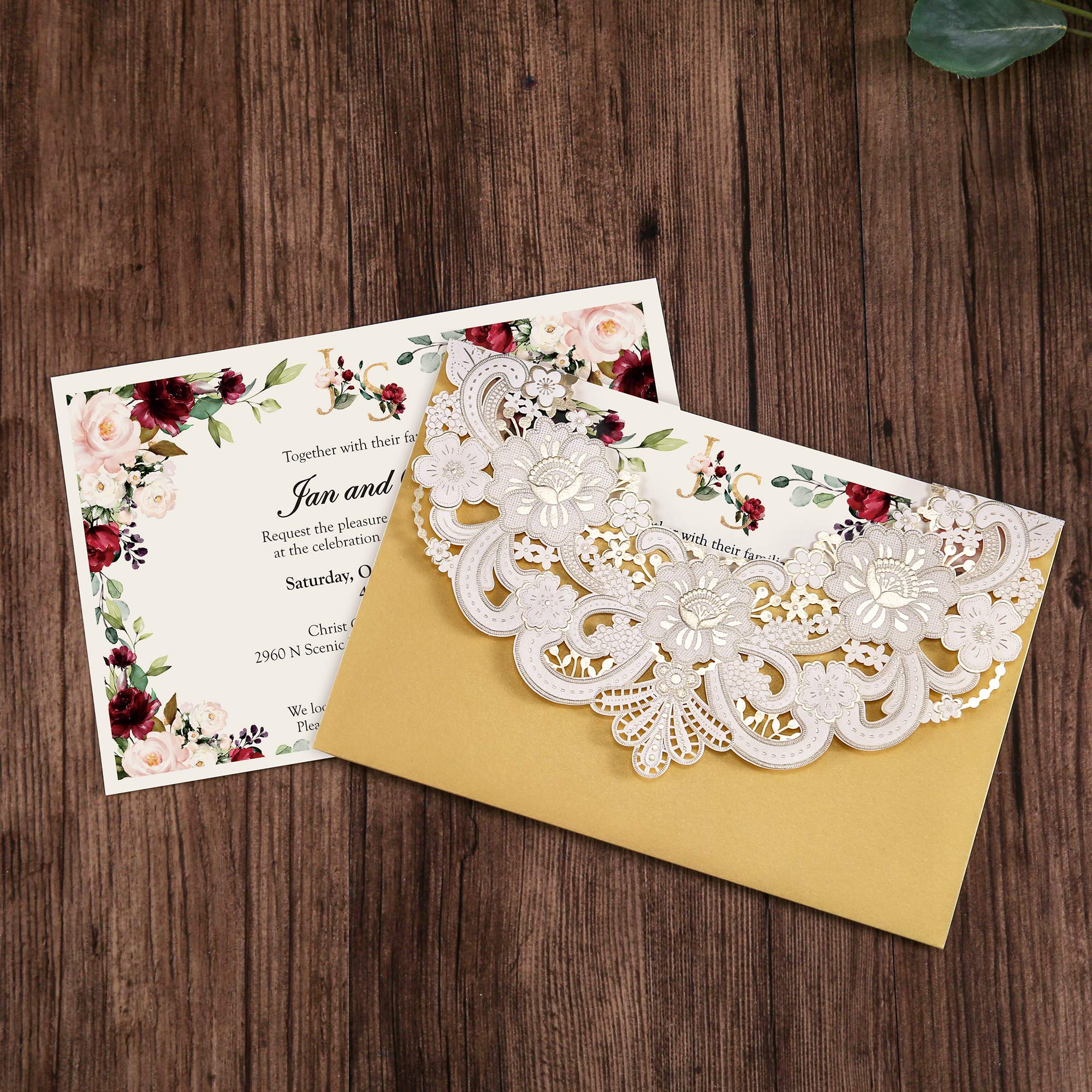DORIS HOME 50pcs Gold BLANK Laser Cut Flora Lace invitation Cards with Envelopes for Wedding Invitations, Bridal Shower, Engagement, Birthday, Bachelorette Party, Baby Shower