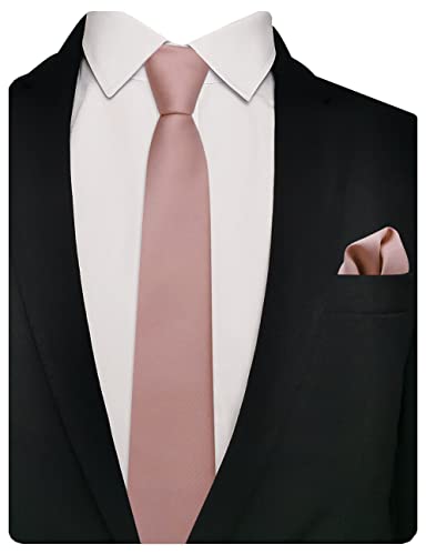 BEWDIO Skinny Mens Rose Gold Tie Slim Pink Ties for Men Thin Necktie and Pocket Square Sets (Rose Gold)
