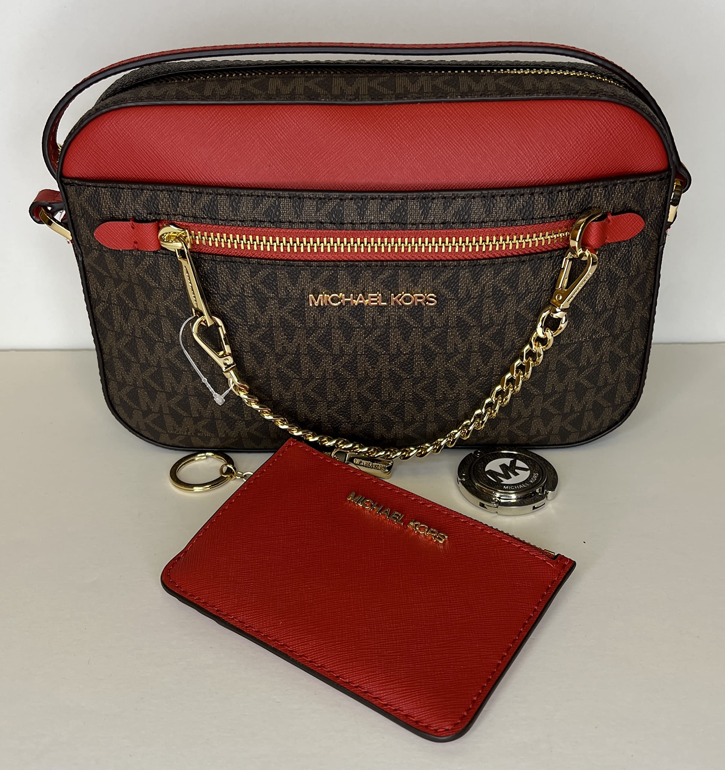 Michael Kors Jet Set Large Chain Crossbody Bag bundled with with SM TZ Coinpouch Wallet and Purse Hook (Signature MK Brown/Flame)