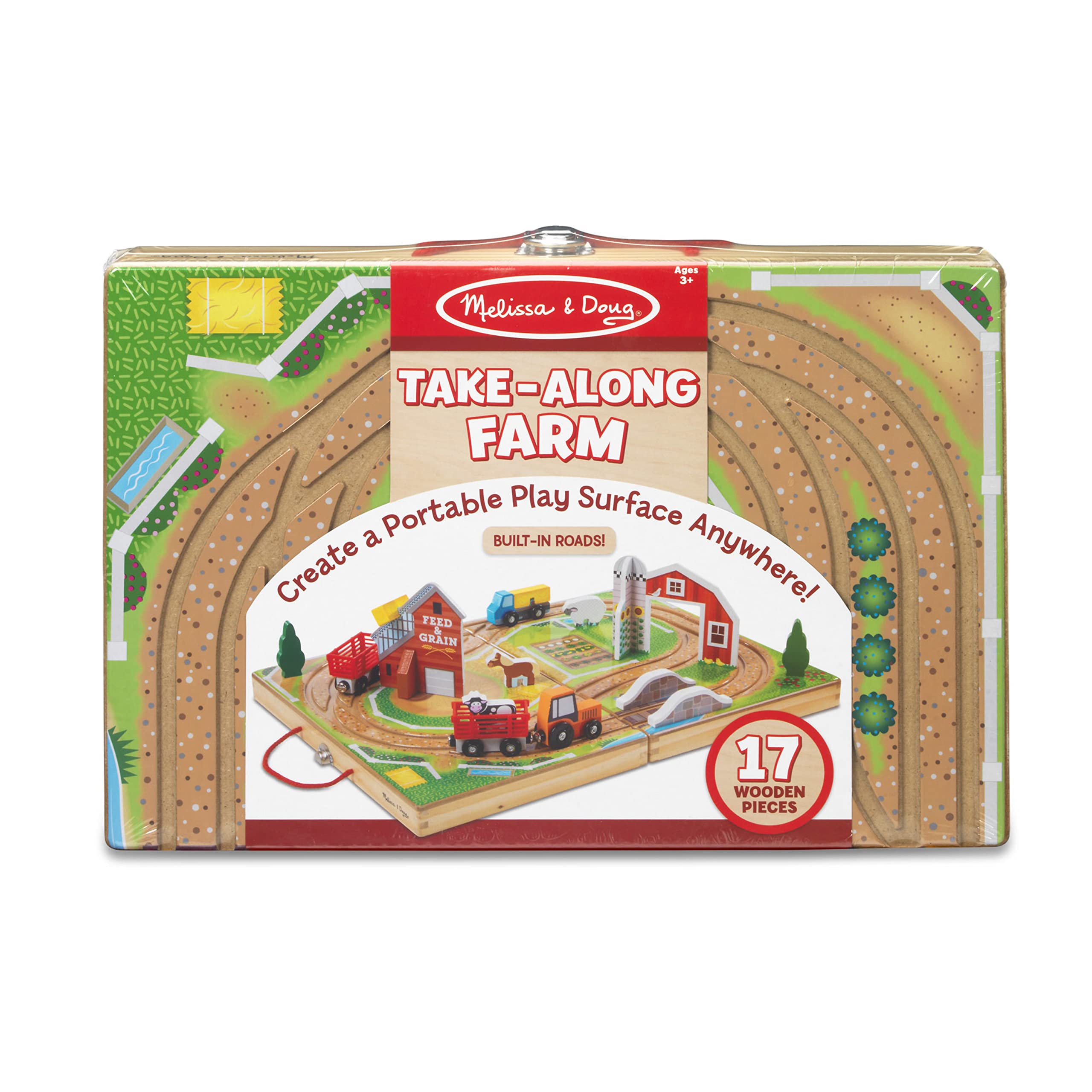 Melissa & Doug 17-Piece Wooden Tabletop Farm Playset With 4 Vehicles, Grain House & Play Pieces - Pretend Barnyard Toy For Toddlers Ages 1+