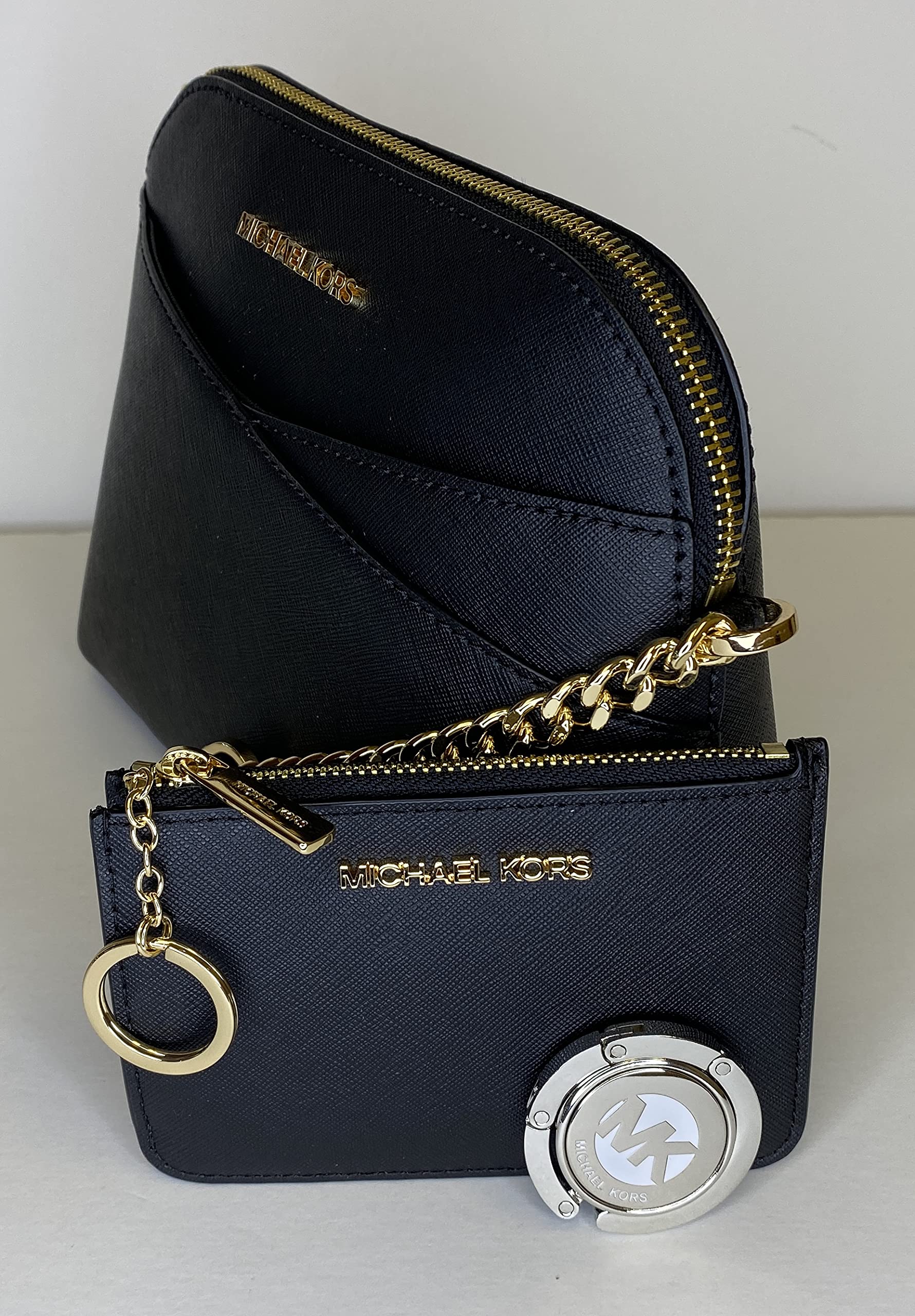 Michael Kors MICHAEL Michael Kors Jet Set Travel MD Dome XCross Crossbody bundled SM TZ Coinpouch Purse Hook (Black)