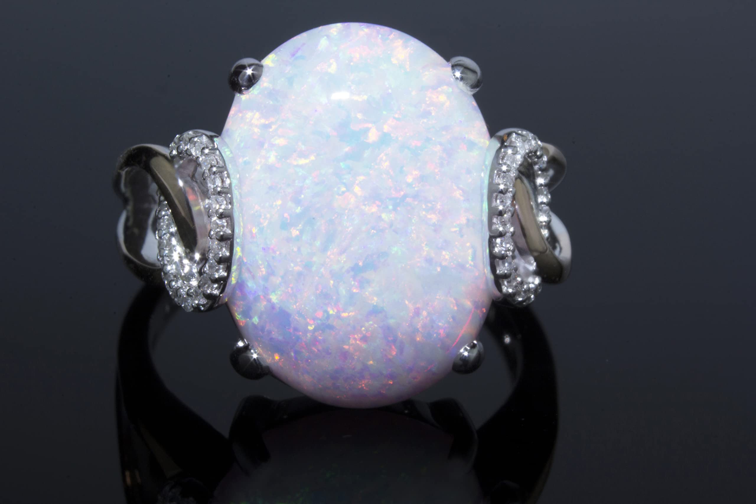 Belantina Heartland By Beverley Mitchell 10K Rose Gold with .925 Sterling Silver Oval Lab Created Opal Cabochon & Diamond Accented Statement Ring (H-I Color, I2-I3 Clarity) - Size 8