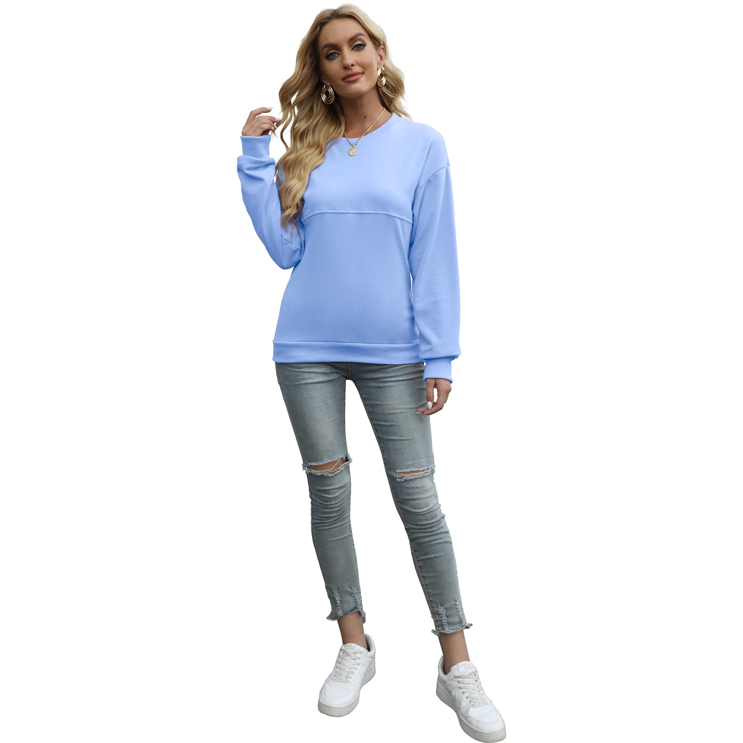 BESFLY Womens Simple Crewneck Long Sleeve Casual Solid Thin Pullover Sweatshirts Tops Shirts Blue XL