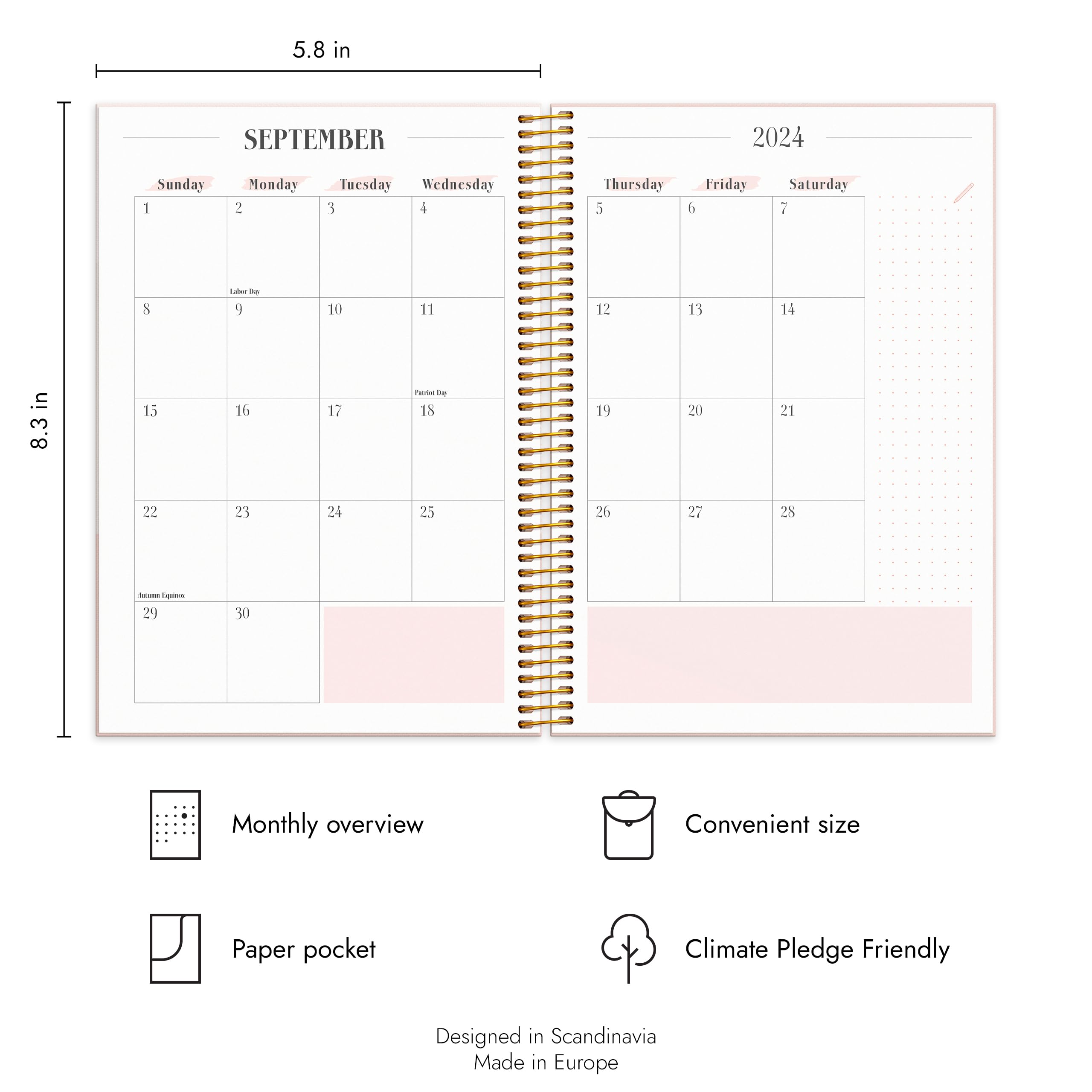 Burde Planner 2024 | Daily & Weekly Planner | Life Planner Pink Horizontal | 18 December 2023-5 January 2025 | Hardcover & Spiralbound A5 Format | Monthly & Yearly Overview | Stickers Included