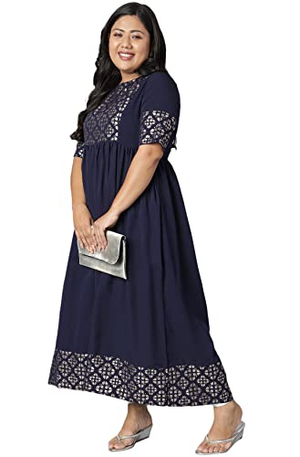 Janasya Indian Women's Plus Size Dark Blue Poly Crepe Kurta(PJNE3363-KR-A-5XL)