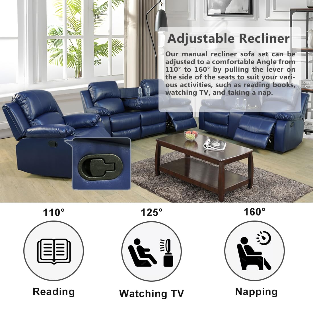 Dekmxas 2 Seater Recliner Loveseat, Bonded Leather Couch Living Room Furniture, Manual Reclining Loveseat Couch with Cup Holders and Storage Console for Home/Rv Car(Bonded Leather Blue, Loveseat)