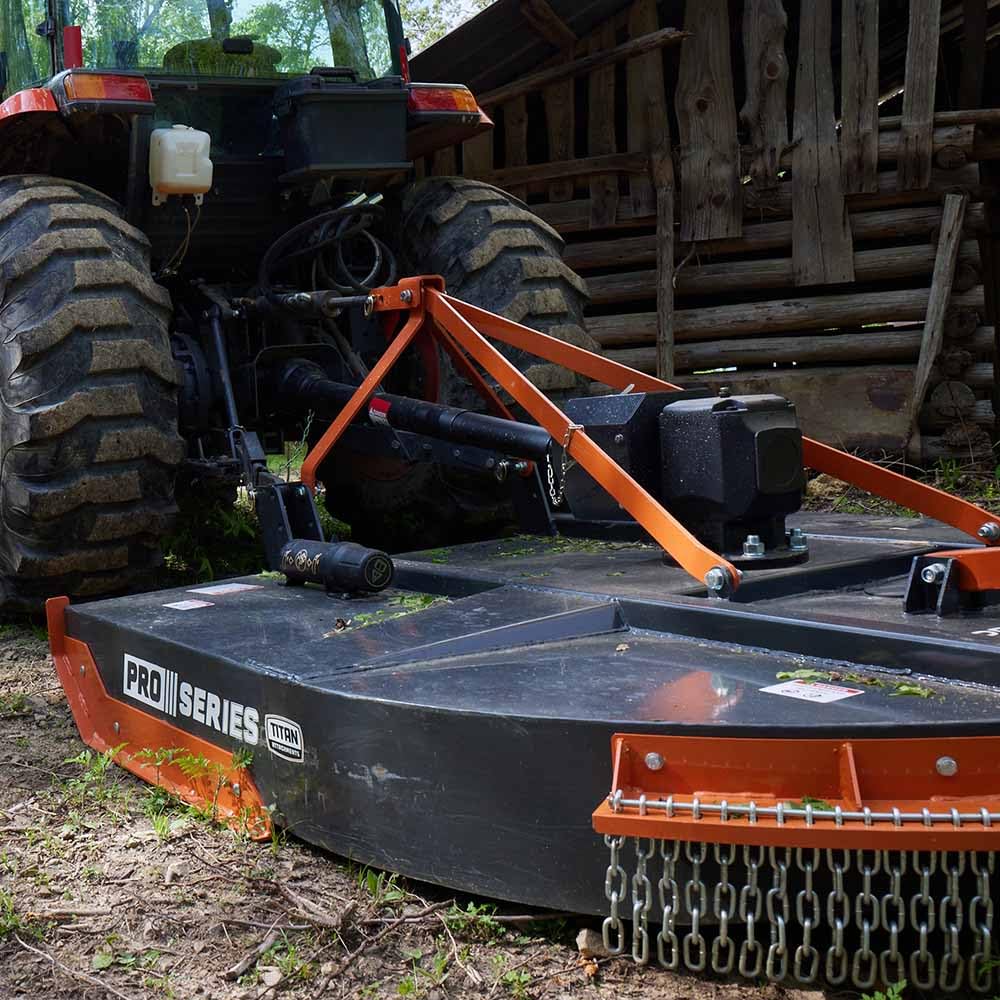 Titan Attachments 5 FT PRO Series Rotary Cutter, for Cat 1 Tractors with Rear 3 Point Hitch, Cast Iron Gear Box with Slip Clutch PTO Shaft, Brush Cutter Attachment, Mulches with Rear Discharge