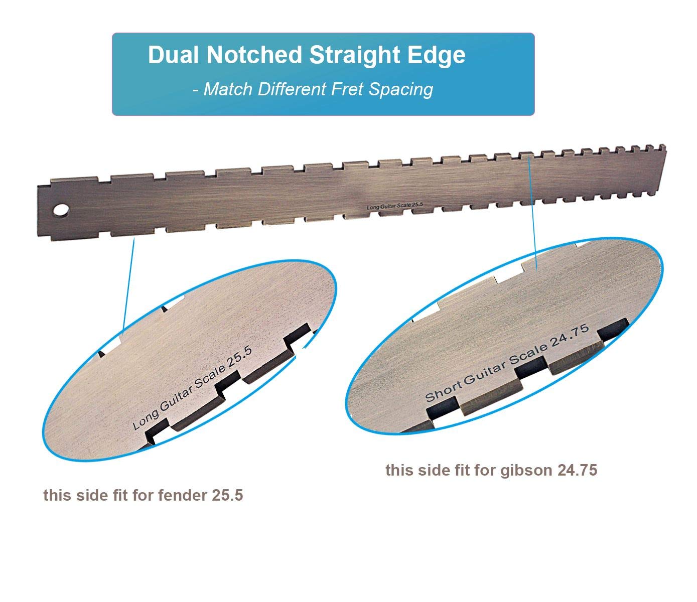 Notched Guitar Neck Straight Edge, Dual-scale Guitar Repair Tool for Scale Length 24.75in and 25.5in, Aluminium Guitar Fretboard Leveling Kit,Guitar Maintenance Tool for Luthiers, Bronze