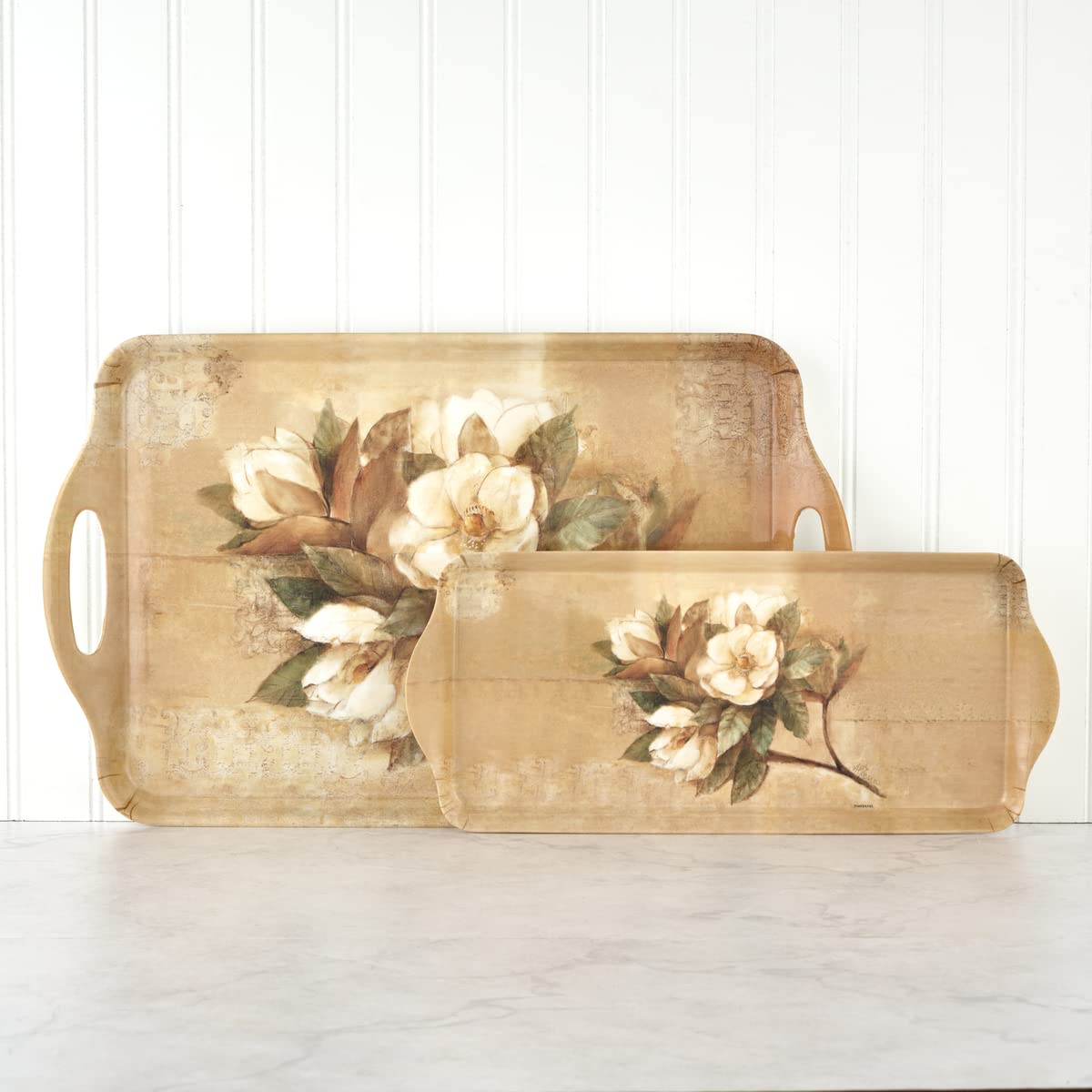 Pimpernel Sugar Magnolia Collection Large Handled Tray | Serving Tray for Lunch, Coffee, or Breakfast | Made of Melamine for Indoor and Outdoor use | Measures 18.9" x 11.6" | Dishwasher Safe