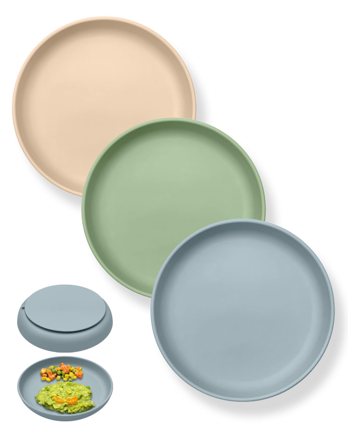 BRVTOT Classic Toddler Plate with Suction 3 PCS, Baby Suction Plates Set BPA Free Food Grade Silicone Plates for Baby Toddler Kids, Spill Proof Dinner Dishes Dishwasher Safe