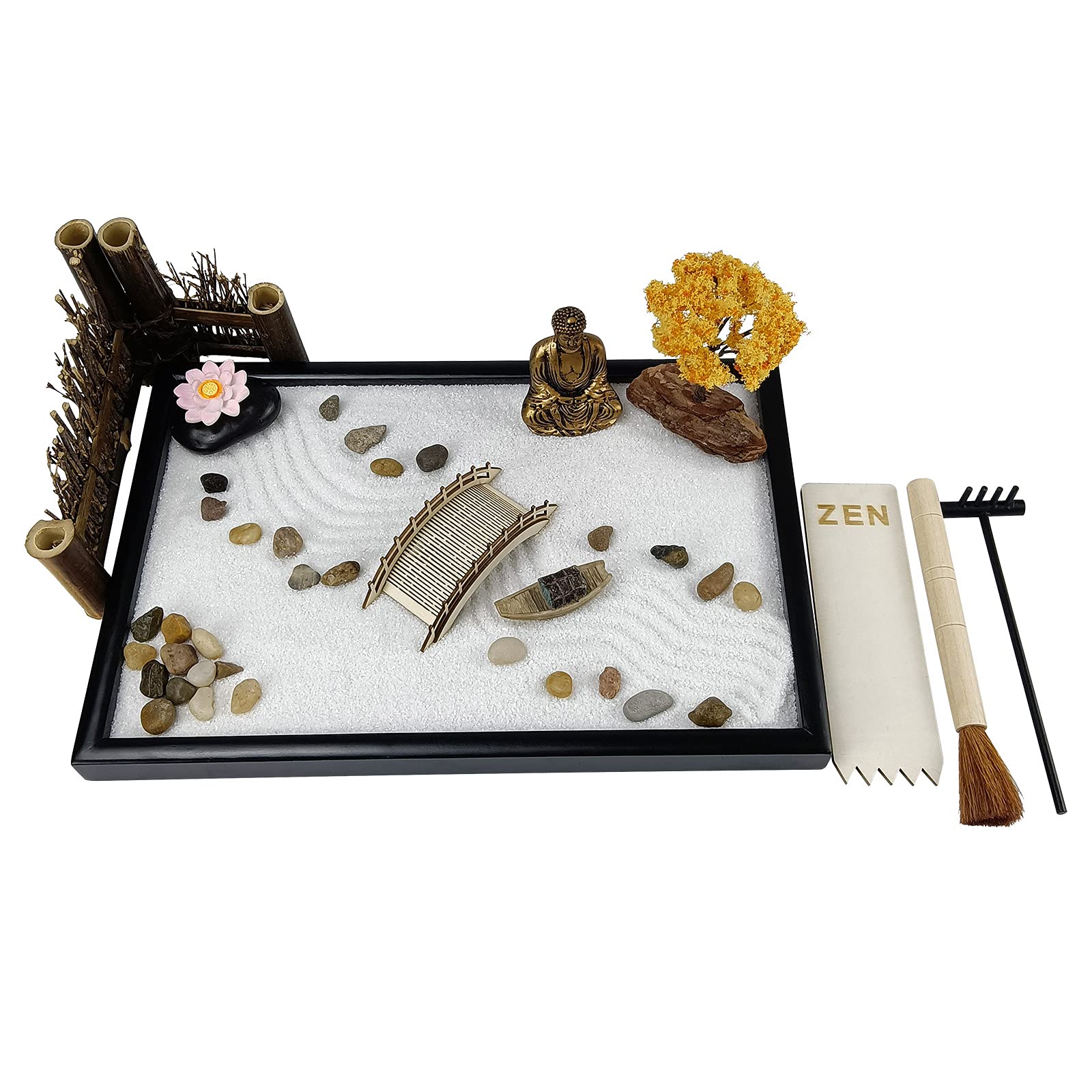 Oritlife Japanese Mini Meditation Zen Garden for Desk,Relax Desktop Zen Garden Kit with Square Sandbox, Balance Stones Mini Zen Sand Garden Kit