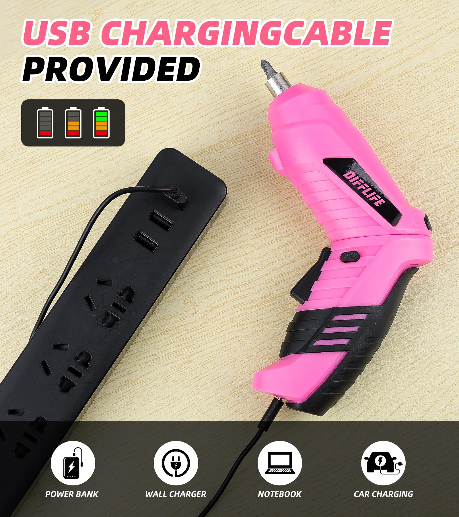 DIFFLIFE 28PCS Pink Power 3.6V Cordless Electric Screwdriver Rechargeable Electronic Mini Automatic Gyroscopic Screw Gun Kit for Home - Pink Tools for Women