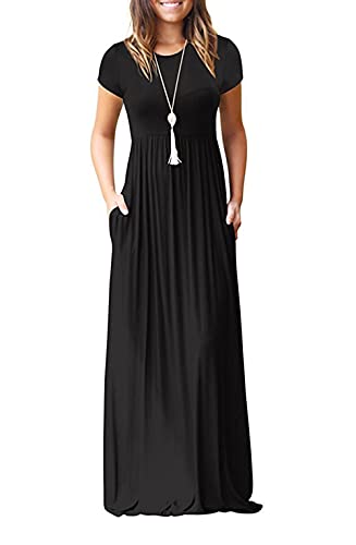 GRECERELLE Women's Short Sleeve Loose Plain Maxi Dresses Casual Long Dresses with Pockets Black Medium