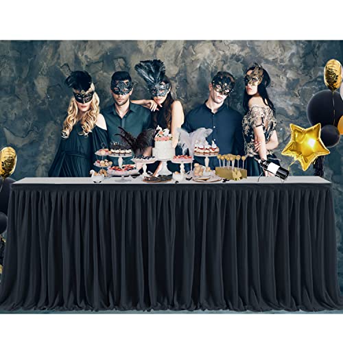 PARTISKY Black Polyester Table Skirt for Rectangle Tables 6ft, Wrinkle Resistant Pleated Ruffle Table Cloth for Banquet Wedding Trade Baby Shower Display Gift Dining Table