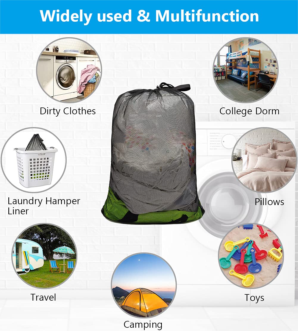 Large Mesh Laundry Bag with Straps and Zipper Pockets, Heavy Duty Mesh Drawstring Bag Foldable, Factories, College, Dorm, Travel and Apartment (24" x 36" | Black)