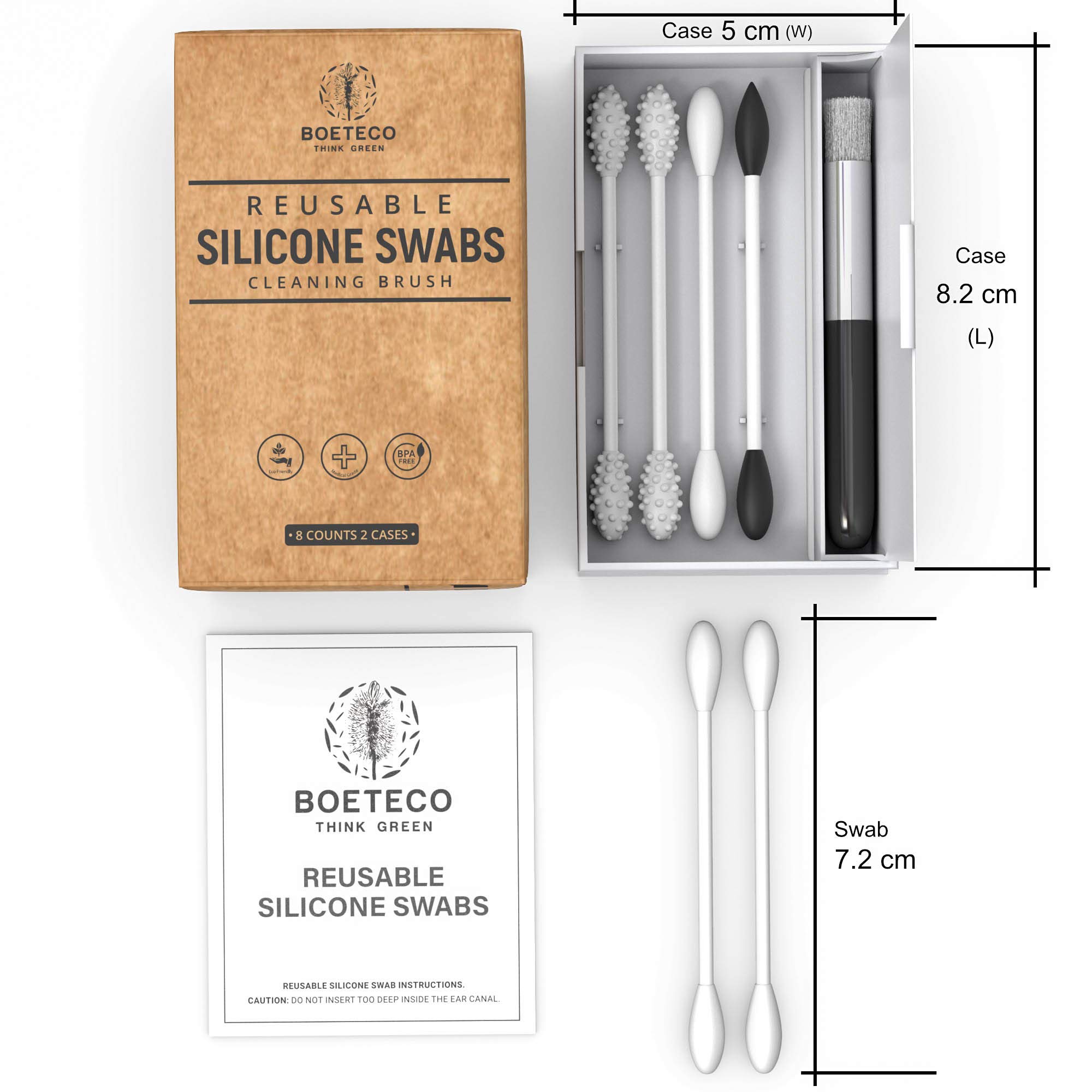 BOETECO Reusable qtips Ear Swab and Makeup Swabs Kit. 1 Cases with 4 Reusable Silicone Swabs for Ears, Baby, Beauty (4Swabs 1Case, Black)