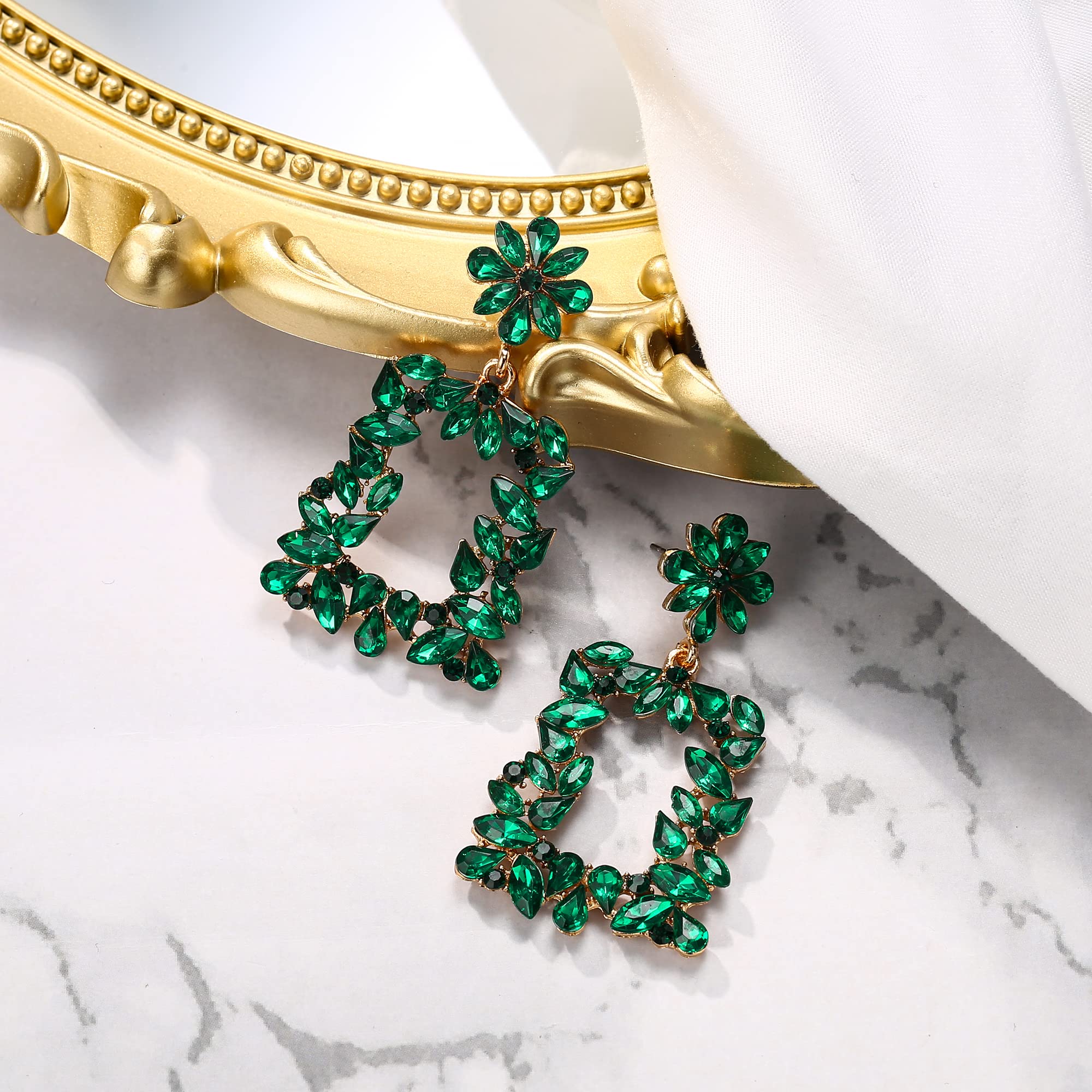 BriLove St.Patrick's Day Earrings Art Deco Sparkly Rhinestone Marquise Rectangle Flower Statement Dangle Earrings for Women Emerald Color Gold-Tone