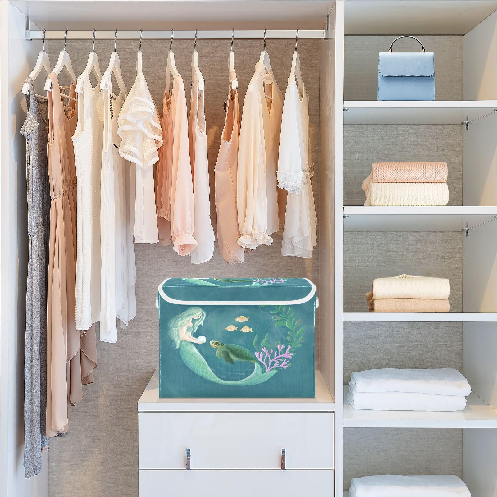 DIGTIA Summer Mermaid Turtle Storage Bins with Lids Large Pearl Sea Ocean Green Storage Basket with Handles Foldable Fabric Storage Box Organizer for Clothes Toys Closet Cabinet Home Office Bedroom