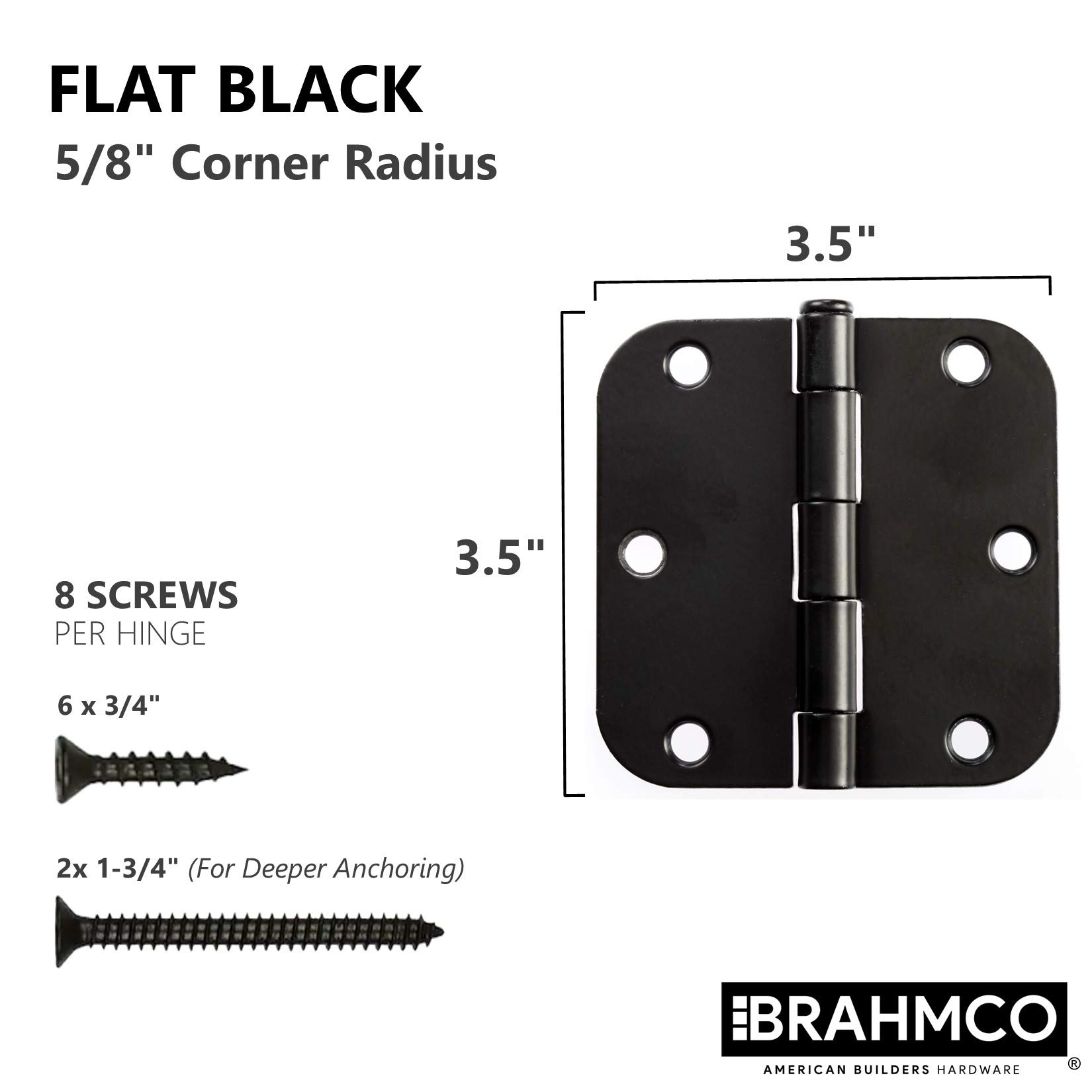 Brahmco 18 Pack | 3.5" Matte Black Door Hinges: 3.5 Inch x 3 1/2 Inch (5/8 Inch Radius Corner) Interior Door Hardware